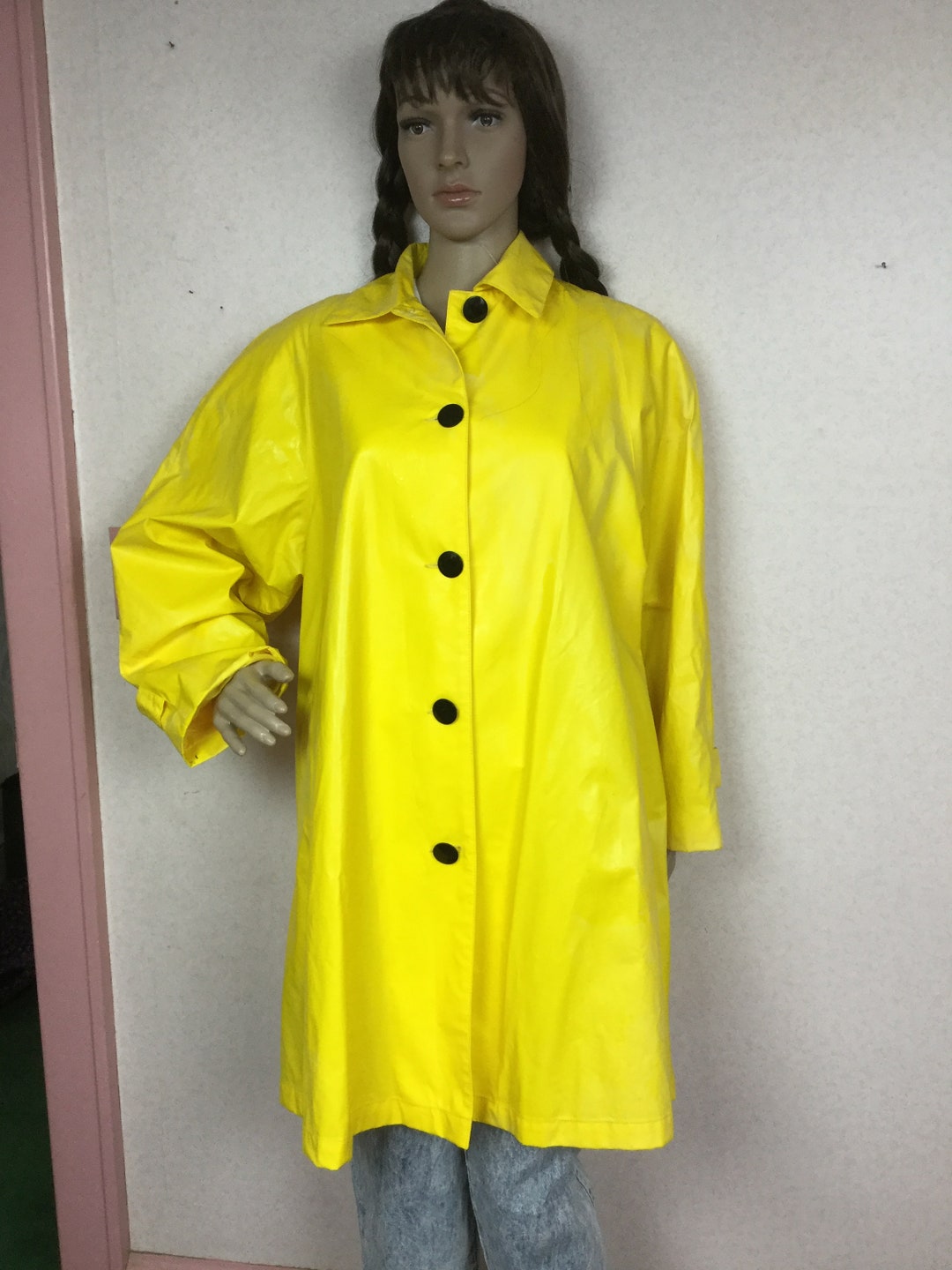 Vintage 80s Vinyl Rain Slicker, Bright Yellow Vinyl Mini Raincoat ...