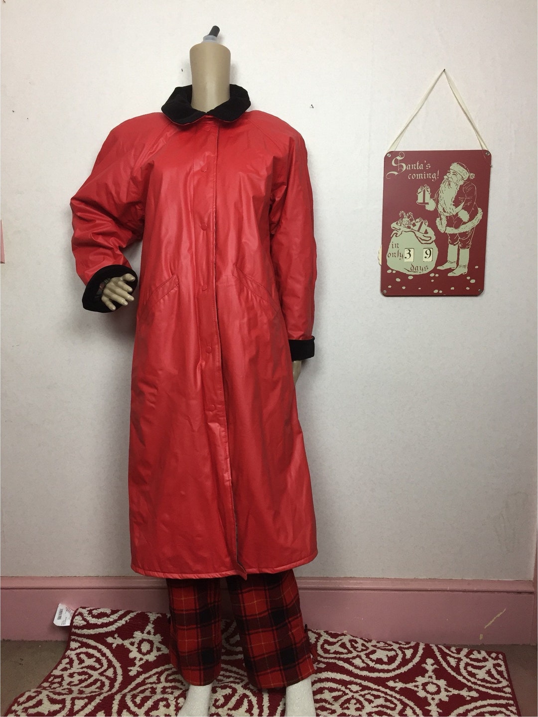 80s PVC Rain Coat Vintage 80s Red Long Rain Slicker Green Plaid Quilted ...