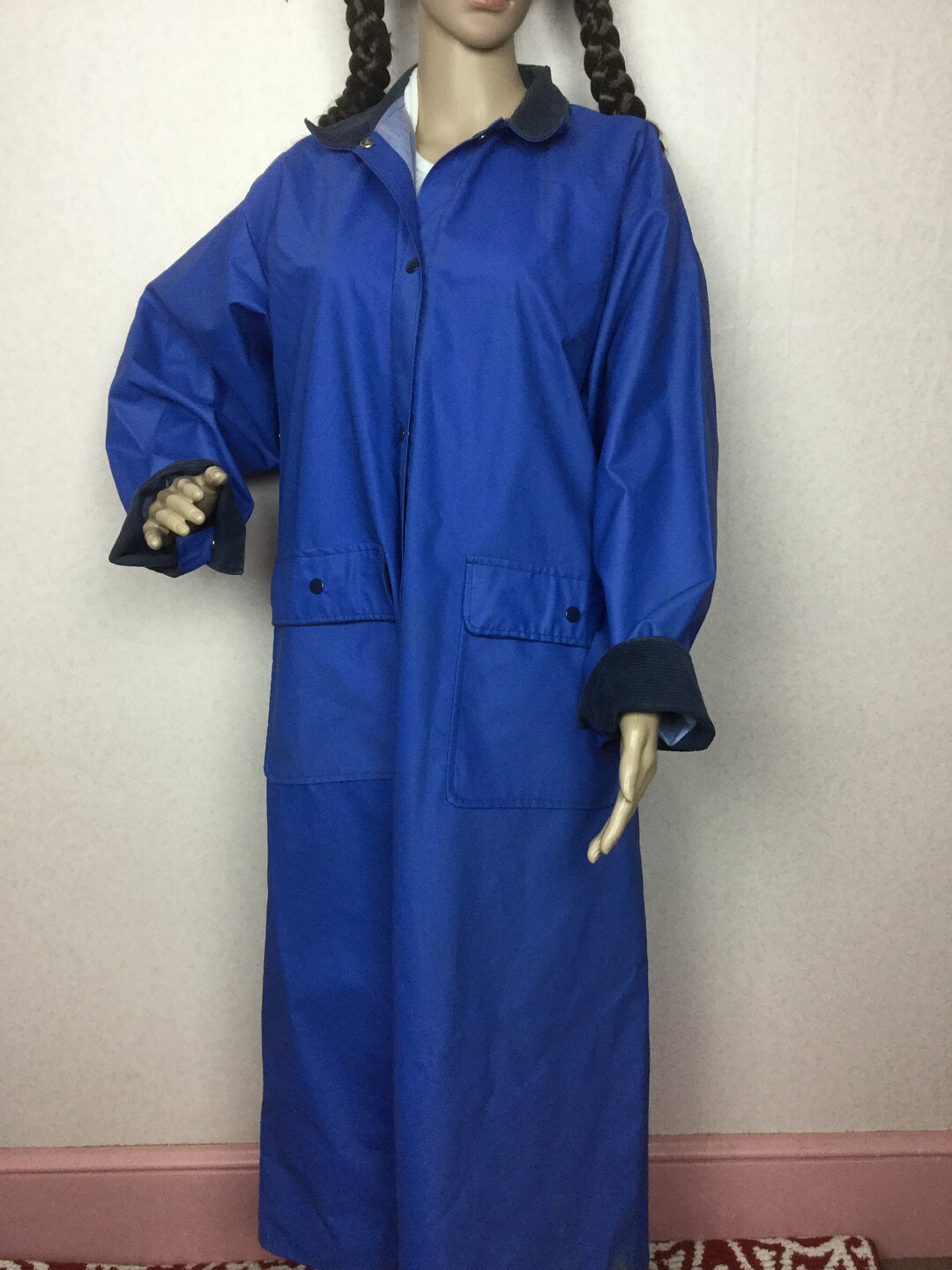 Vintage 80s PVC Long Slicker , 1980sj Blue Rain Coat , Waterproof Rain ...