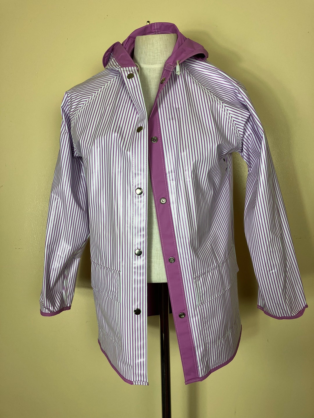 Vintage PVC Raincoat, 70s Reversible , Preppy Purple Striped , Hooded ...