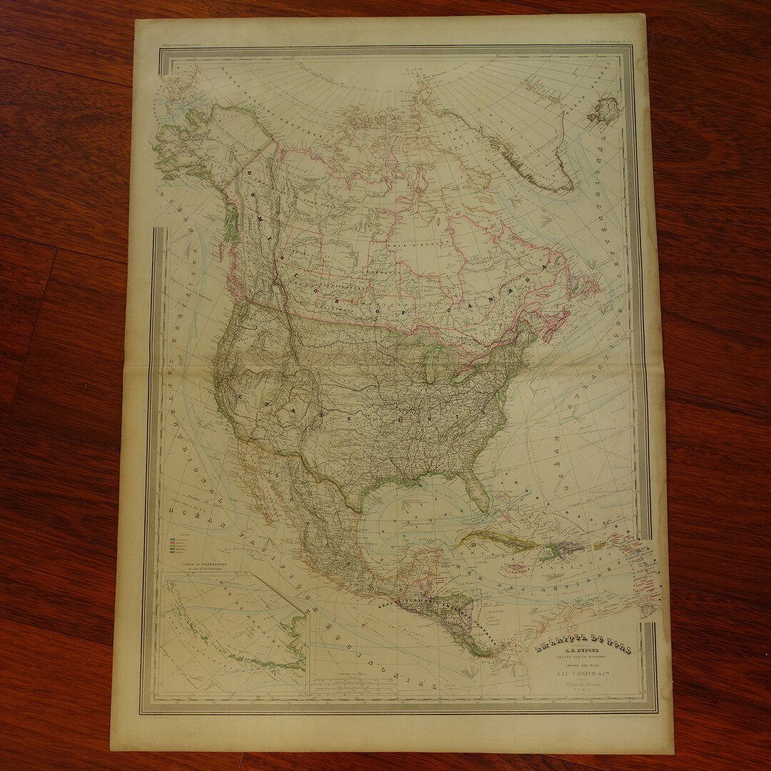 USA Antique Map LARGE 1880 Original Old Poster of North America ...
