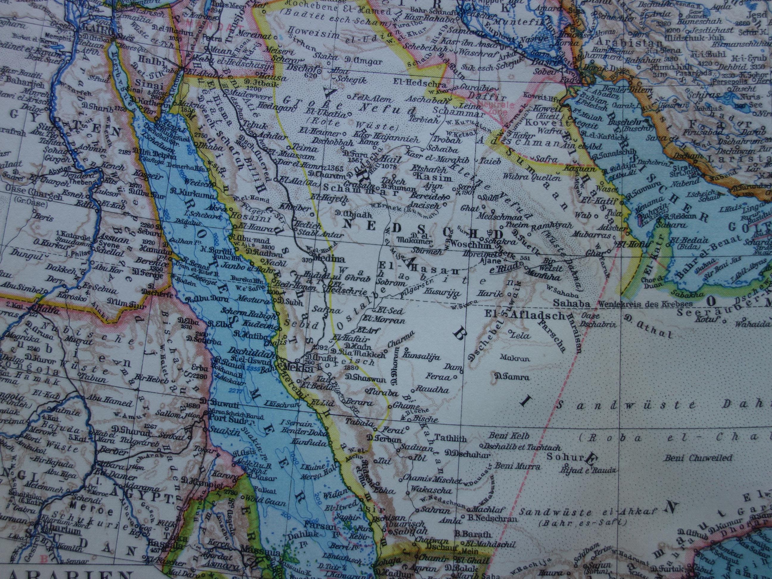 Old Map of Saudi Arabia 1928 Original Vintage Print About Oman Aden ...