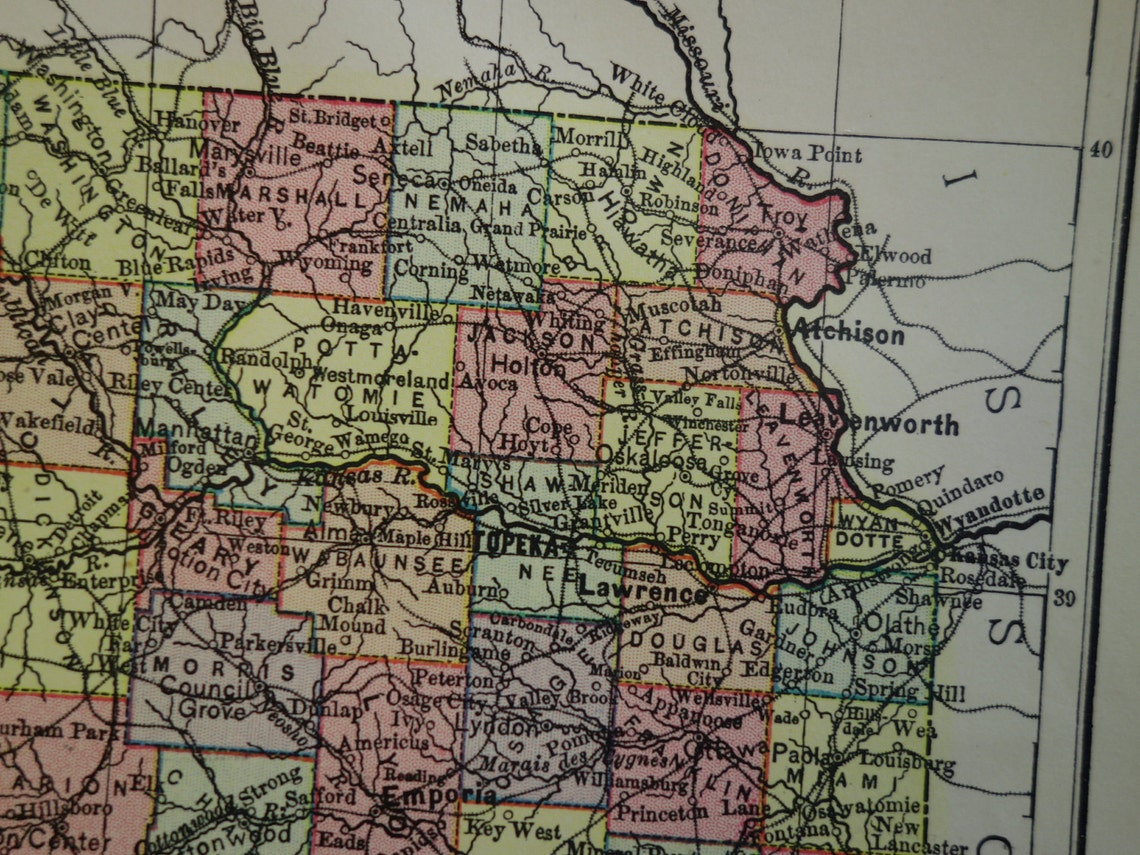 KANSAS Antique Map 1880 Original Old English Print About State | Etsy