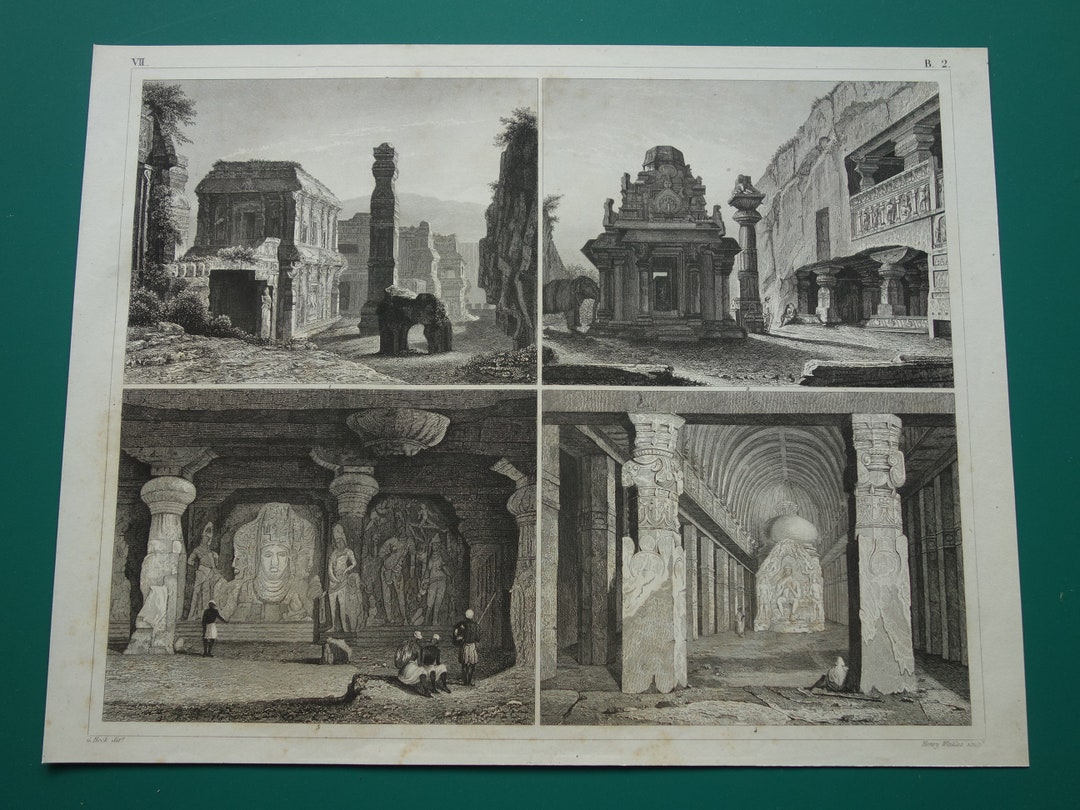 INDIAN Architecture Old Print 1849 Antique Pictures of Ellora Caves ...