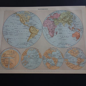 Old World Map 1902 Original Antique French Double Hemisphere Worldmap ...