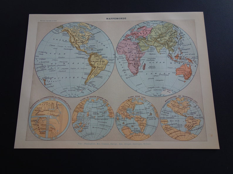Old world map 1902 original antique French double hemisphere | Etsy