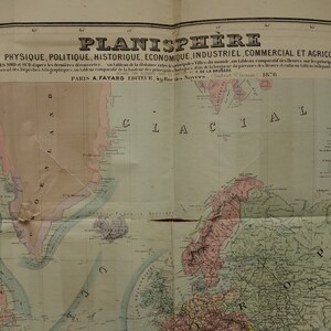 LARGE Antique World Map 1876 - Big Old Worldmap - DAMAGED - Planisphere ...