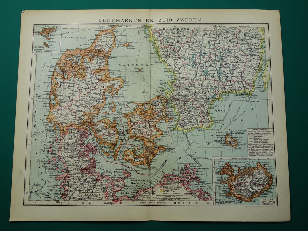 1907 DENMARK Old Map of Denmark Original Antique Print About Copenhagen ...