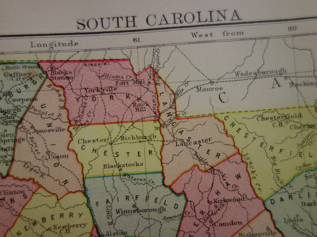 Antique South Carolina Map 1887 Original 130+ Years Old English Print ...