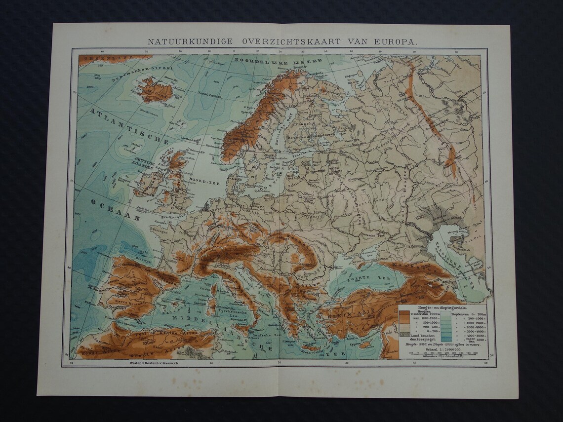 Old Map of Europe 1907 Original Antique Dutch Print About Altitude ...