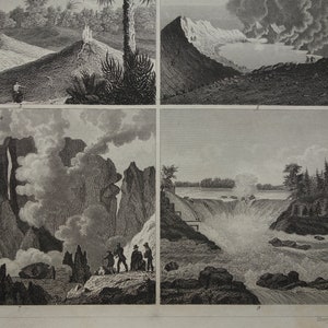 Old GEOLOGY Print of Volcanoes and Waterfalls 170+ Years Old Antique ...
