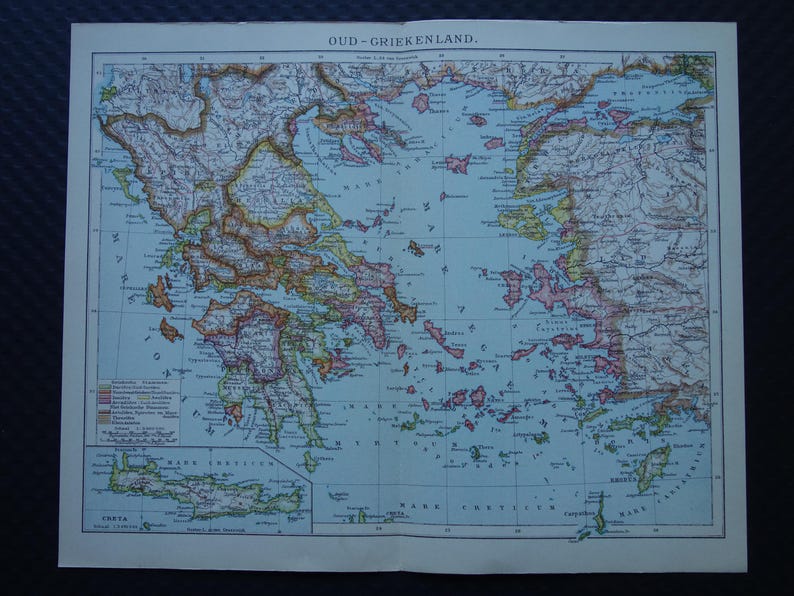 1917 GREECE Old Map of Greece in Antiquity - Original Detailed Dutch ...