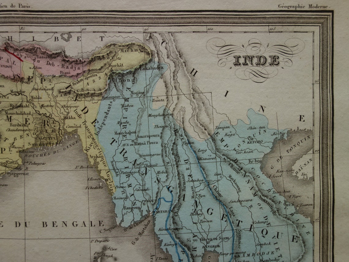 INDIA Vintage Map of Indochina and India 1838 Antique French | Etsy