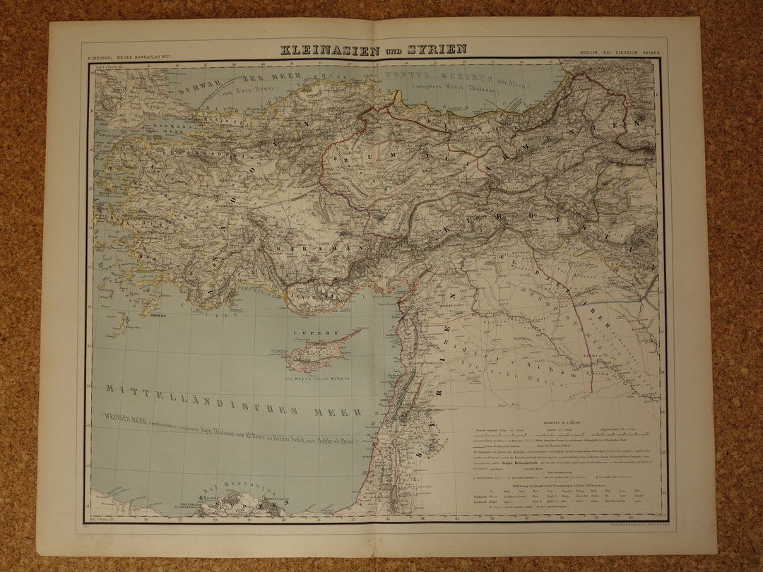 OTTOMAN EMPIRE Map 1860 Large Hand-colored Old German Poster of Turkey ...