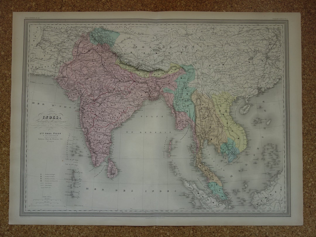 INDIA old map LARGE 1880 Original antique poster of Indochina British ...