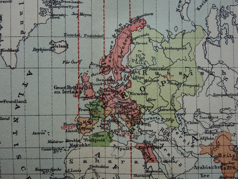 World Time Zone Map Vintage Map of the World 1907 Original Old Dutch ...