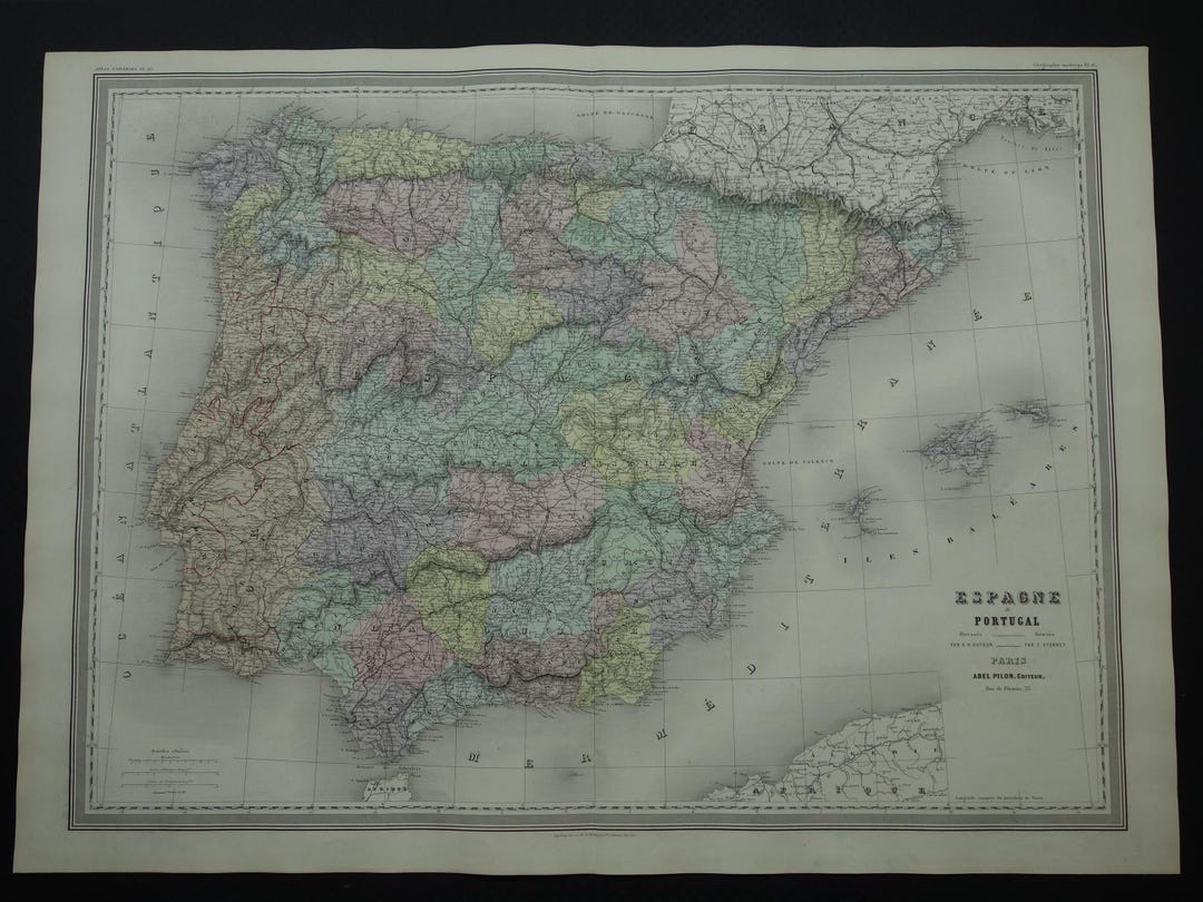 SPAIN Old Map LARGE Antique Maps of Spain and Portugal - Etsy