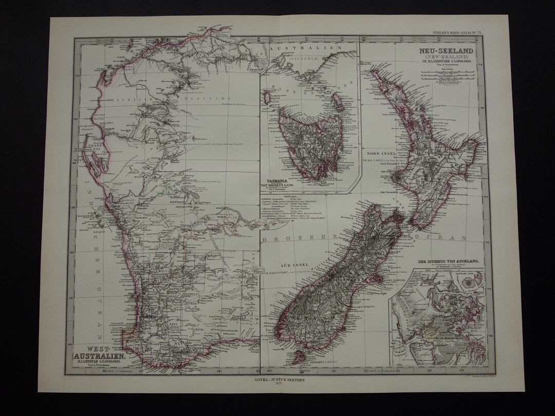 New Zealand Map 1877 Large Antique Print of Tasmania NZ Western ...
