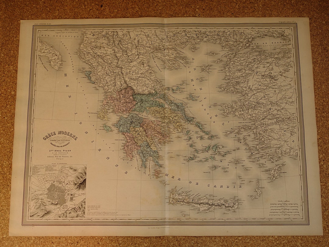 GREECE Old Map LARGE 1880 Original Antique Poster of Greece Vintage ...