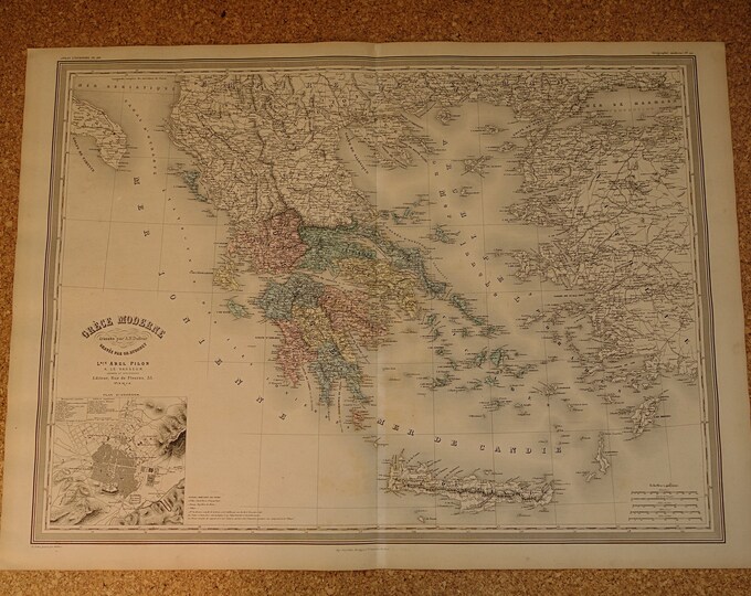 GREECE Old Map LARGE 1880 Original Antique Poster of Greece Vintage ...