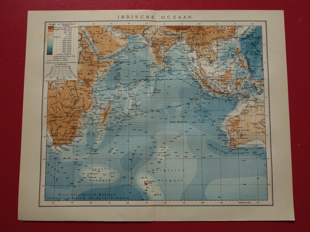 Old Sea Map of Indian Ocean 1918 Original Dutch Antique Chart About Indian Ocean - Telegraph ...