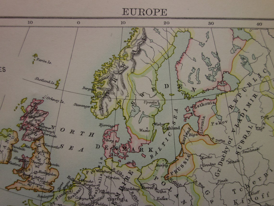 Original 1879 Old History Map of Europe Antique Print Europa | Etsy