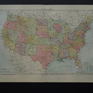 United States Map - 1888 Original Old Large Antique English Print About ...