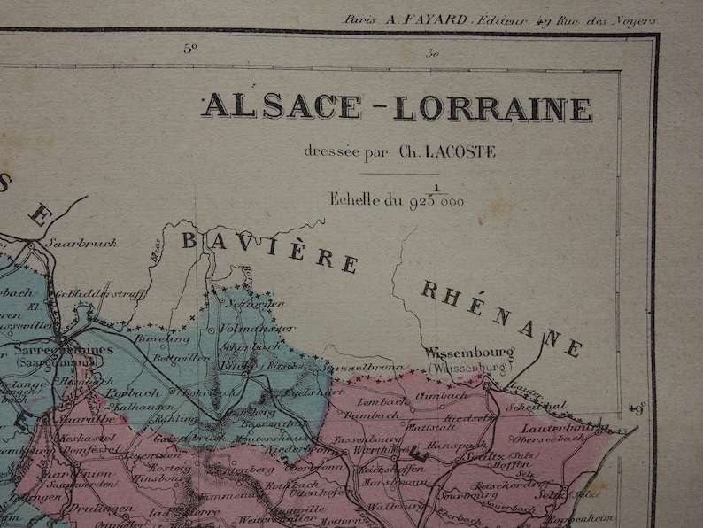 Original 1877 Old Map of Alsace Lorraine Antique French Print About ...