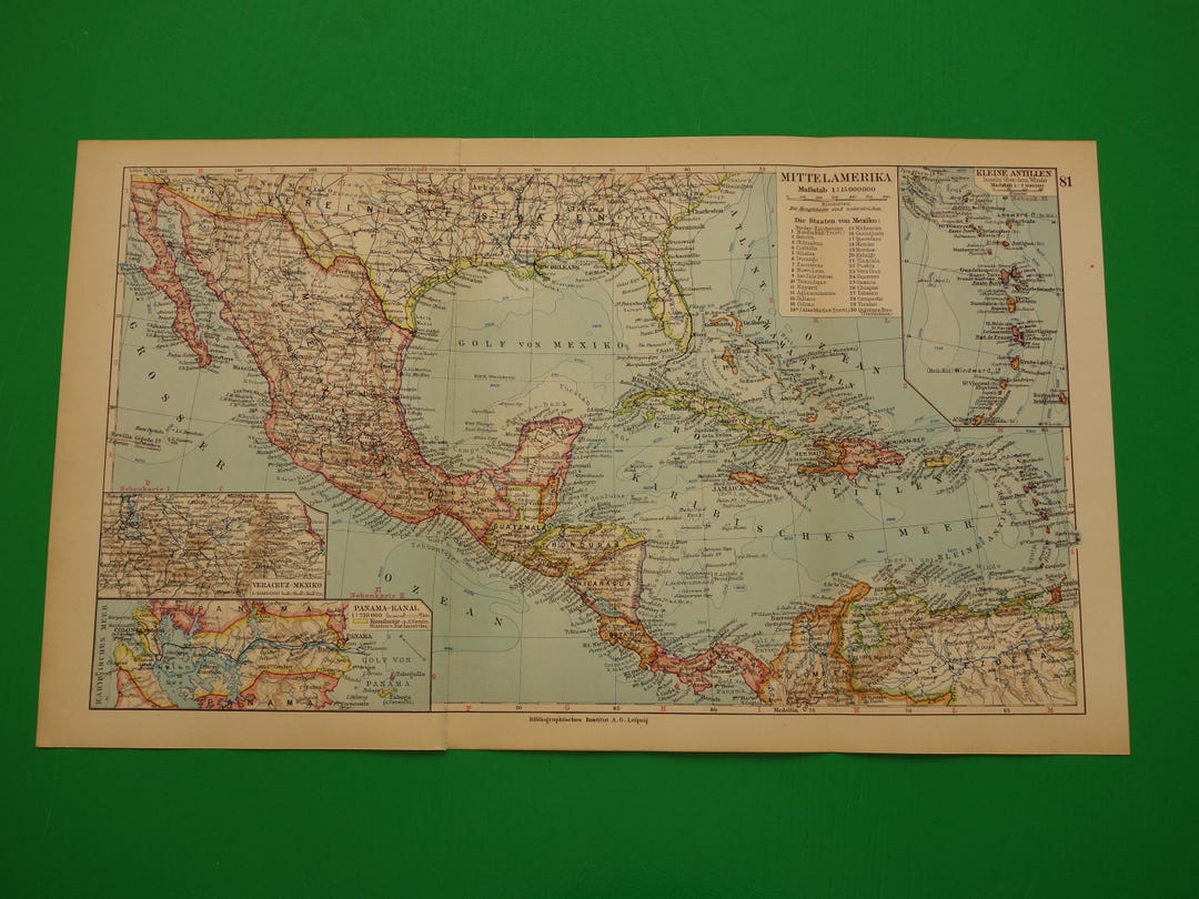 Old Map of Middle America 1931 Original Vintage Print Caribbean ...