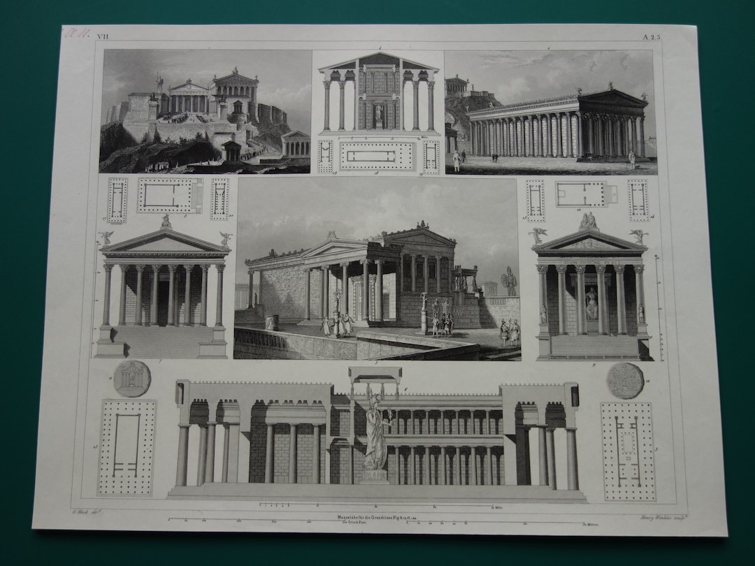 Old Print of Greek Architecture Antique Illustration Acropolis Athens ...