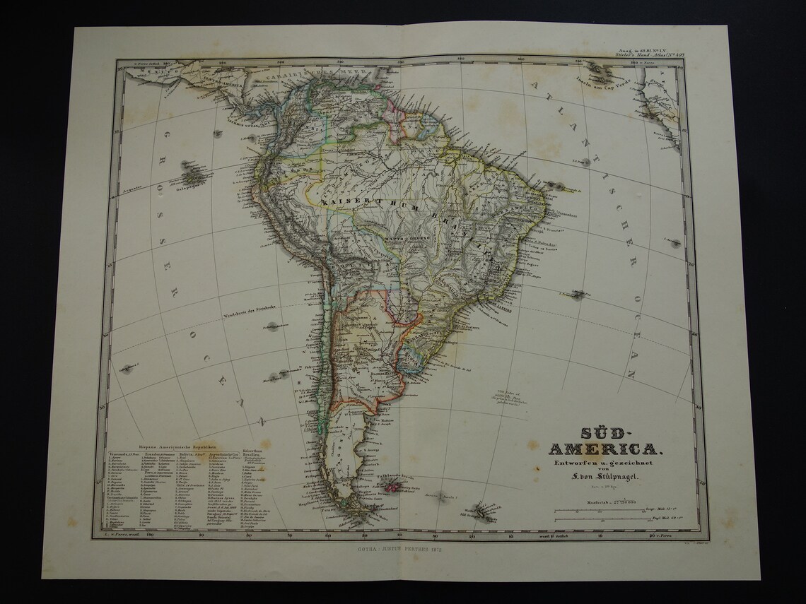 Antique map of South America 1872 original large hand-colored | Etsy