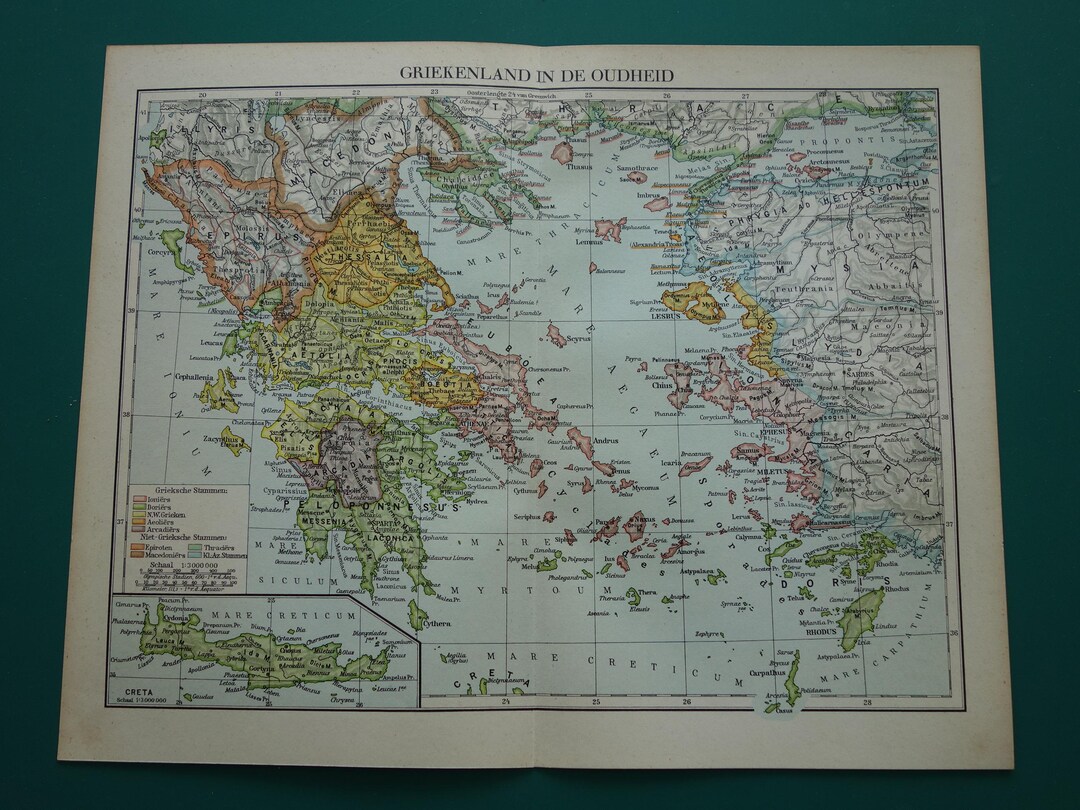 1933 GREECE Old Map of Greece in Antiquity Original Detailed Dutch ...