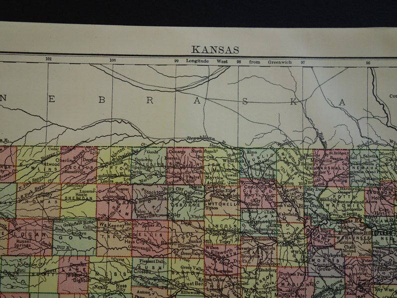 KANSAS Antique Map 1880 Original Old English Print About State | Etsy