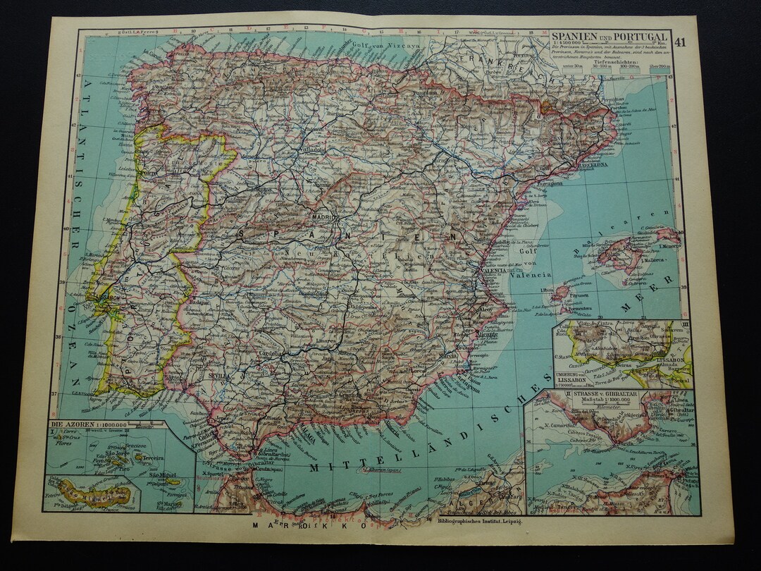 SPAIN PORTUGAL Vintage Map of the Iberian Peninsula 1928 Detailed ...