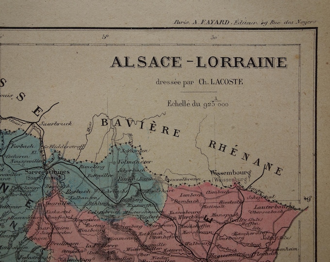 Original 1877 Old Map of Alsace Lorraine Antique French Print About ...