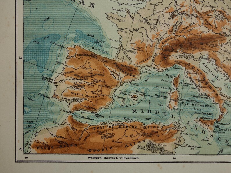 Old Map of Europe 1907 Original Antique Dutch Print About Altitude ...