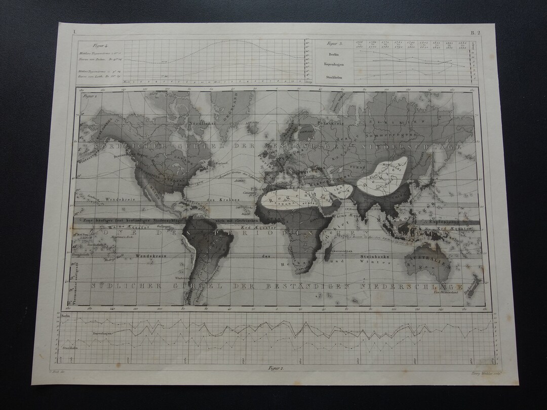 Antique Climate Worldmap About Temperature and Rainfall 175+ Years Old ...