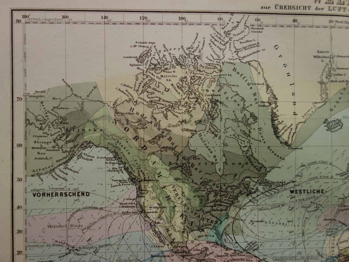 Large Old World Map About Winds and Climate Big Dated Print - Etsy