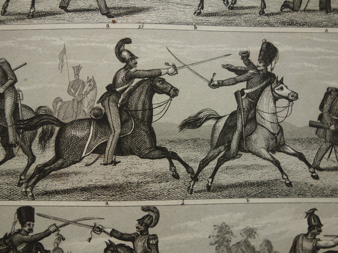 Antique Military Print About Cavalry Infantery Combat - Original 175 ...