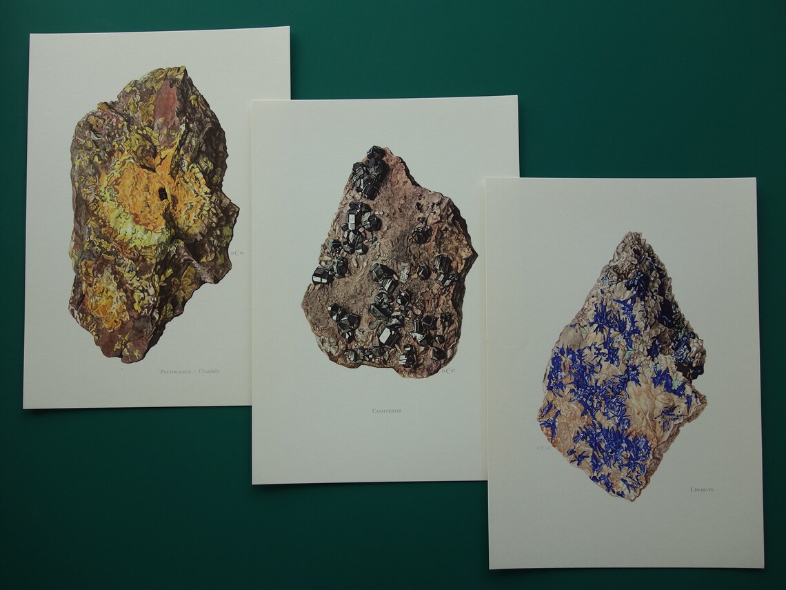 Linarite Vintage Mineral Print Set of 3 Matching Prints Minerals Stone ...