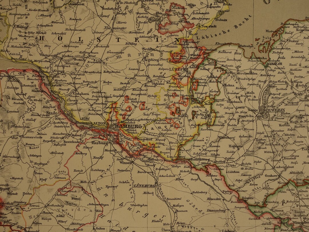 Large Old Map of Northern Germany Original 1860 Antique Print Berlin ...