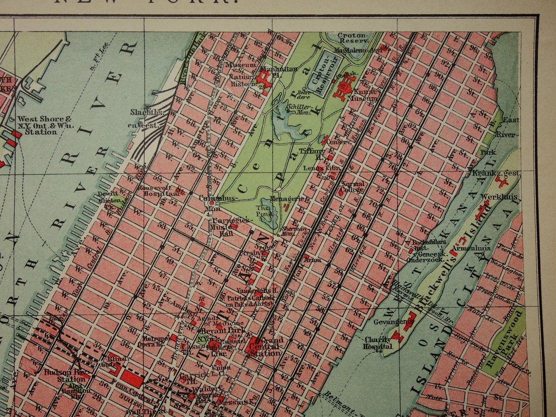 NEW YORK map 1910 antique old print of NY city Manhattan | Etsy