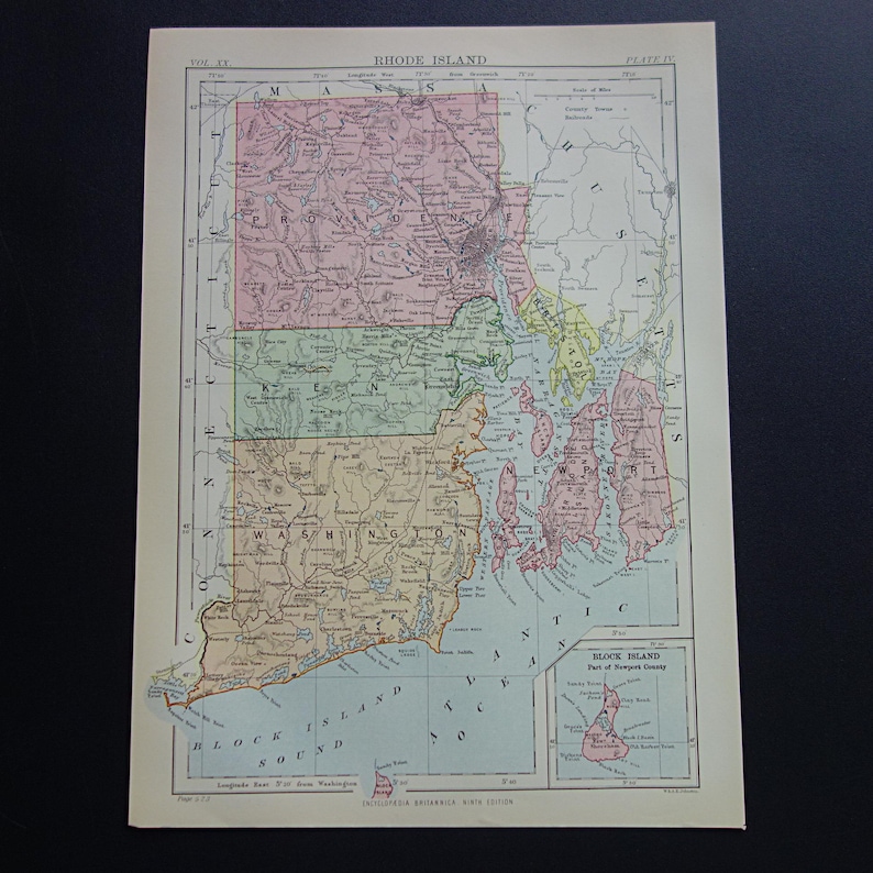 RHODE ISLAND Map 1886 Original Antique Old Print of State RI Usa ...