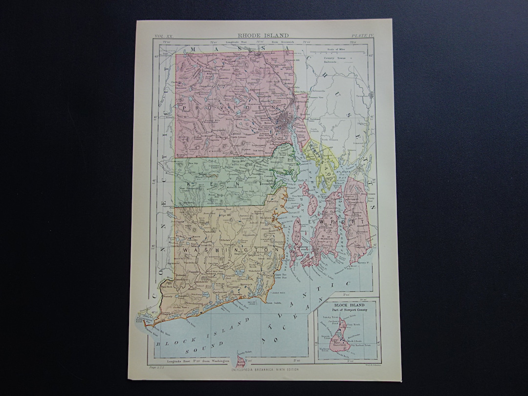 RHODE ISLAND Map 1886 Original Antique Old Print Poster of State RI ...