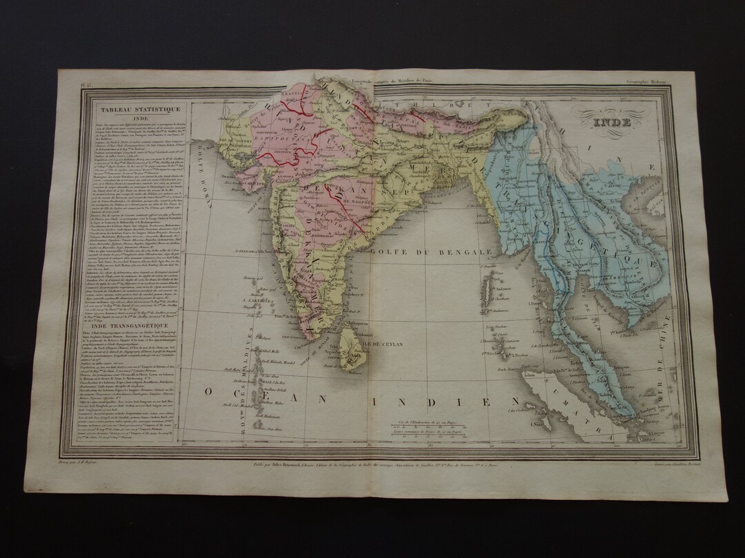 INDIA Vintage Map of Indochina and India 1838 Antique French Print ...