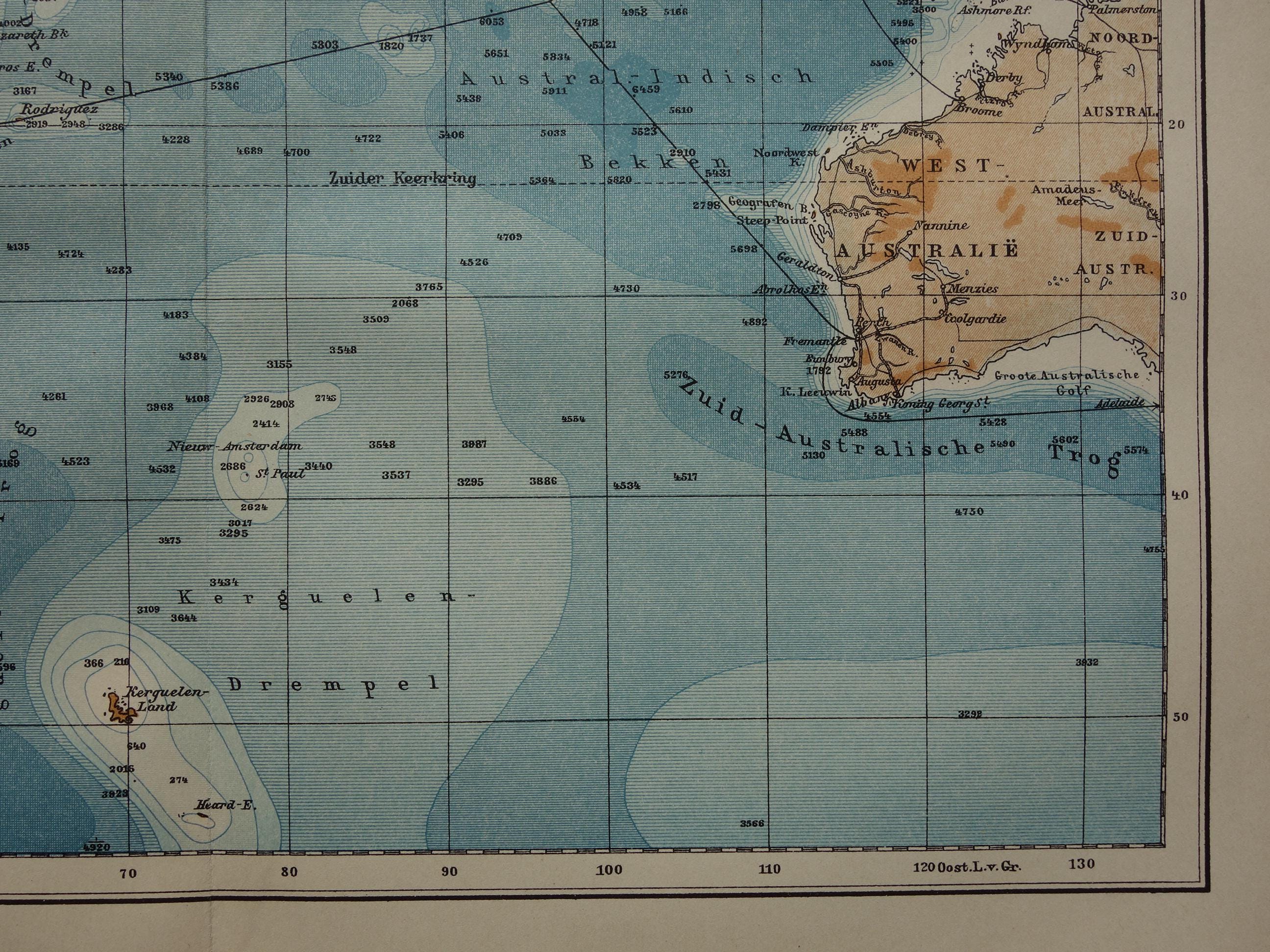 Old Sea Map of Indian Ocean 1918 Original Dutch Antique Chart About ...