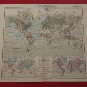 Large Old World Map About Winds and Climate Big Dated Print With Air ...
