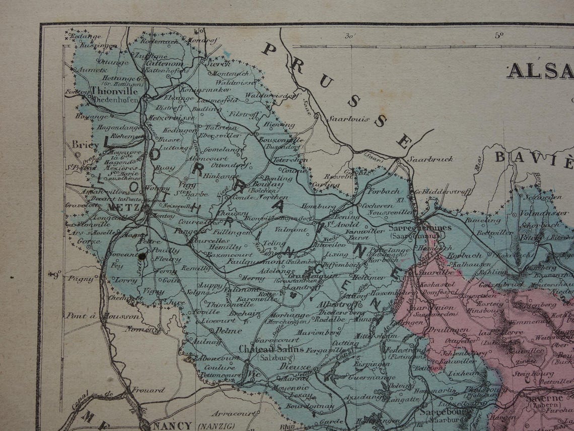Original 1877 Old Map of Alsace Lorraine Antique French Print About ...