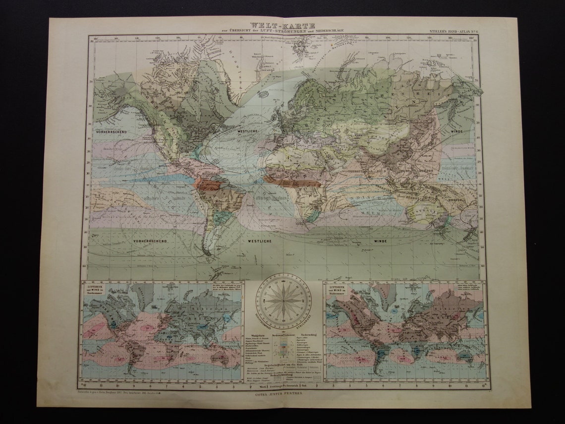 Large Old World Map About Winds and Climate Big Dated Print - Etsy