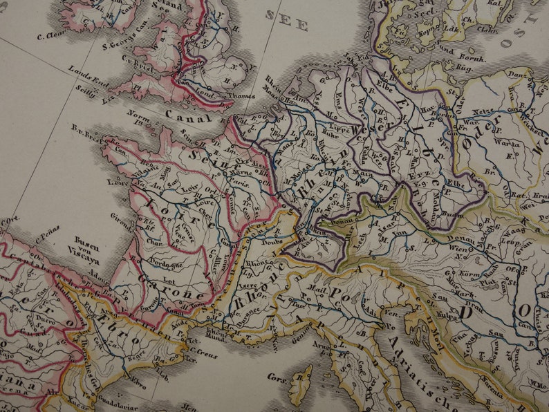 EUROPE Antique Geology Map of Europe - Beautiful Original 1859 Hand ...